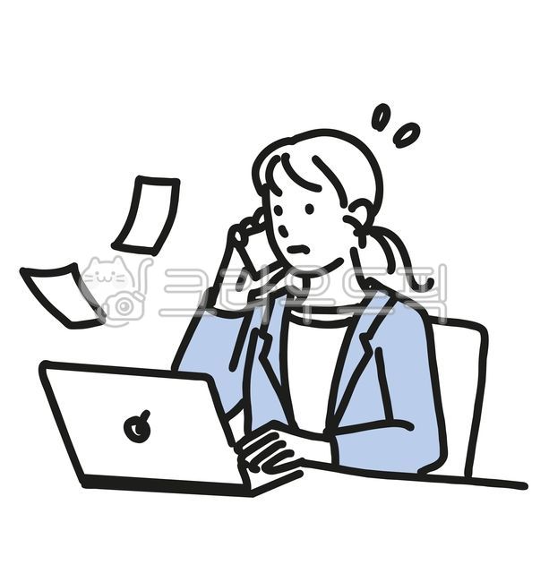 바쁜여성 커리어우먼 컴퓨터앞에서일하는여자 전화하는여자 여자일러스트 사진이미지일러스트캘리그라피 레레디자인작가